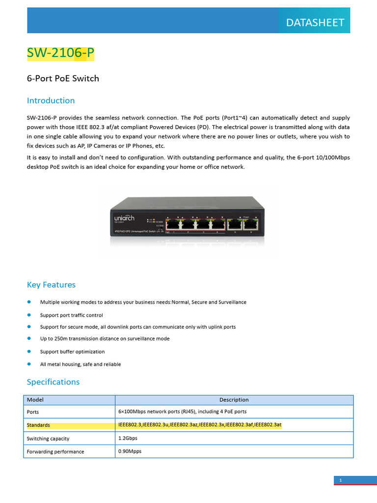 SW-2106-P Switch Datasheet-V1.00 | PDF | Computer Network | Network ...