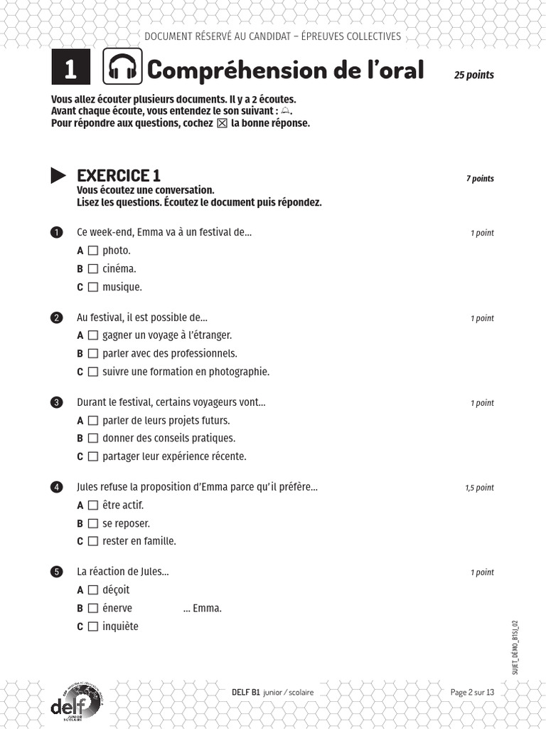 Examen DELF B1 : Compréhension orale et écrite | PDF | Apprentissage ...