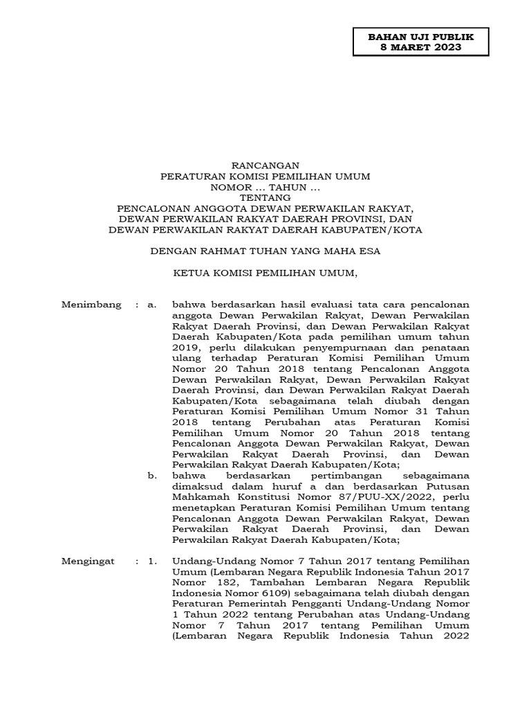 Bahan Uji Publik RPKPU Pencalonan DPR | PDF