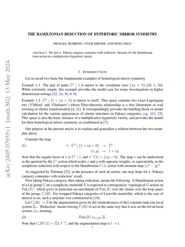 The Hamiltonian Reduction of Hypertoric Mirror Symmetry | PDF ...