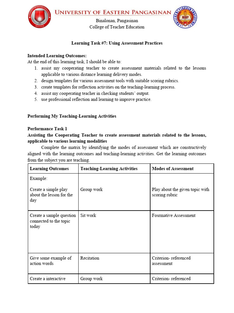 TOGUPEN JEREMY R. - Learning Task #7 - Using Assessment Practices | PDF ...