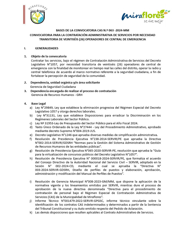 Bases Cas 063 2024 Operadores de Central de Emergencia 1 | PDF | Titulo academico | Derecho laboral