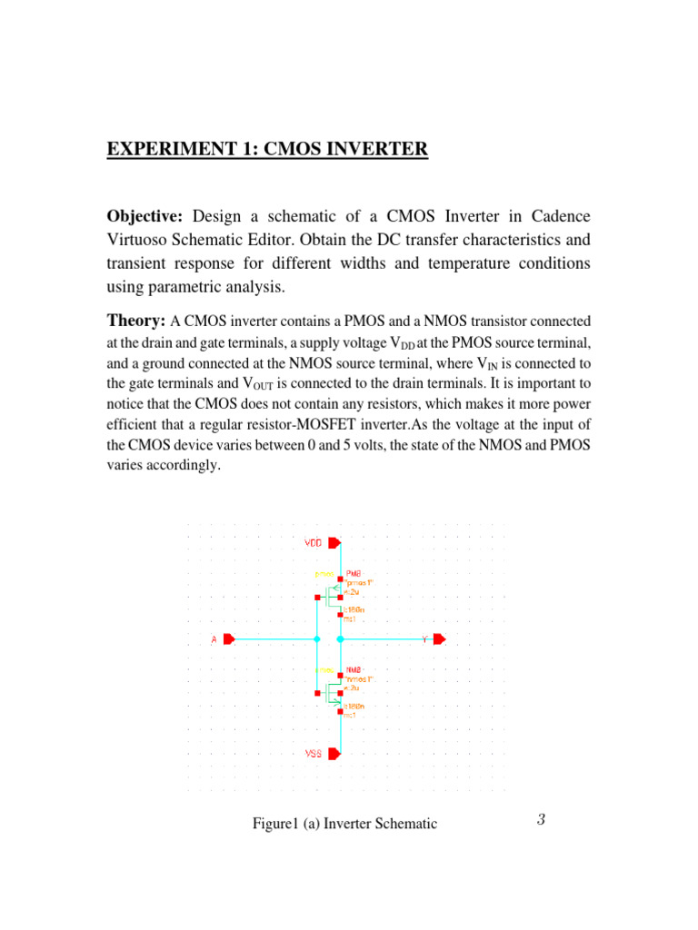 Experiment 1: Cmos Inverter: Objective: Design A Schematic of A CMOS Inverter in Cadence | PDF ...