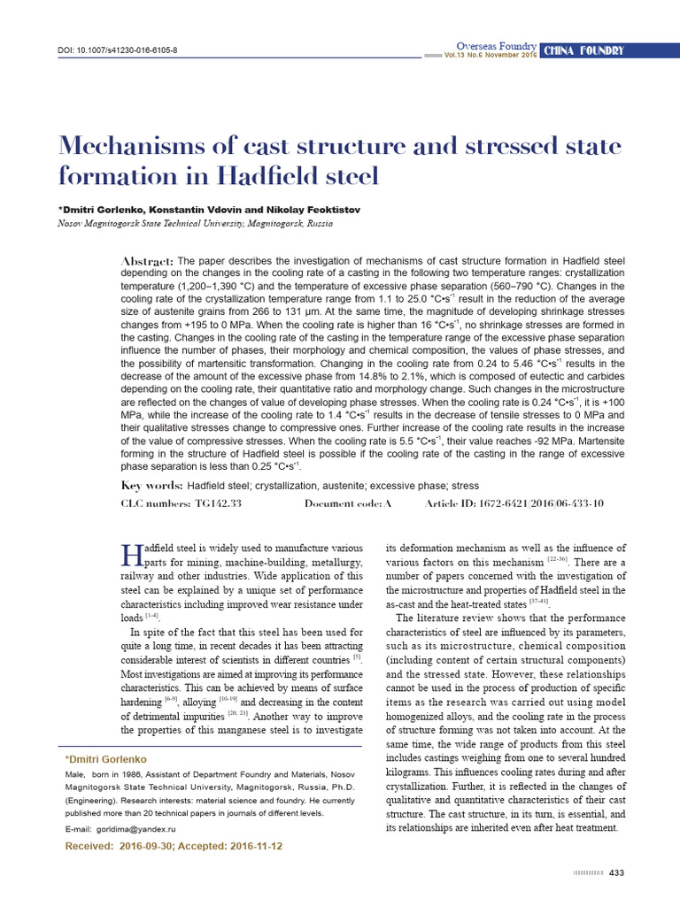 Mechanisms of Cast Structure and Stressed State Formation in Hadfield ...