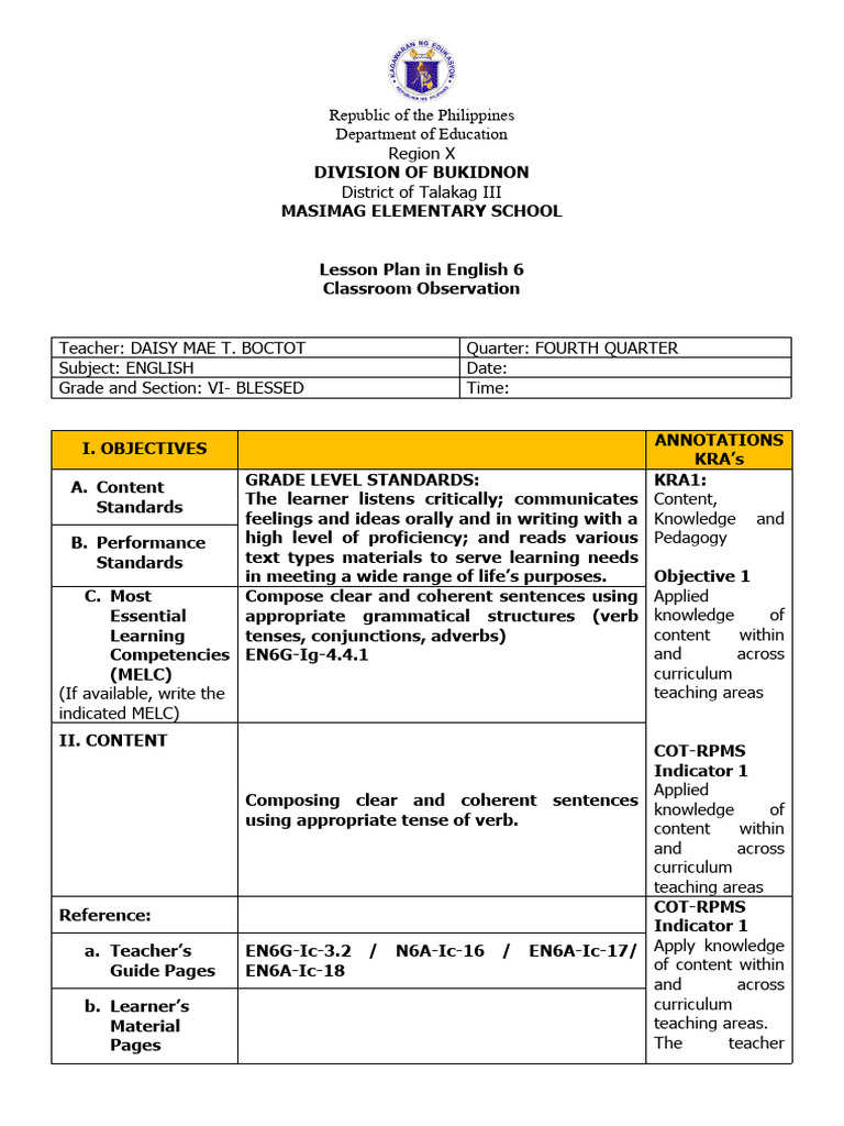 Cot English 6 q4 Tenses of Verb | PDF | Grammatical Tense | Curriculum