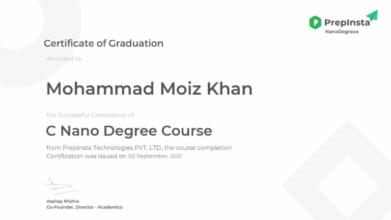 Mohammad Moiz Khan - C Nano Degree Course | PDF