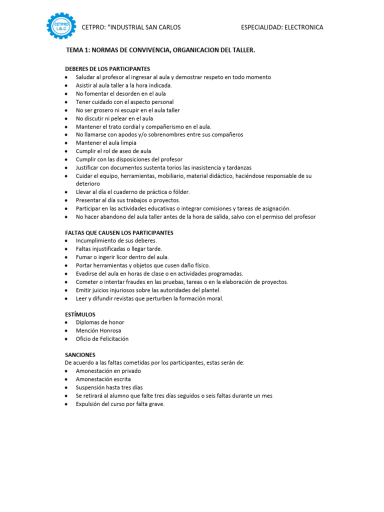 Tema 1 Normas de Conv Organiz Del Taller | PDF