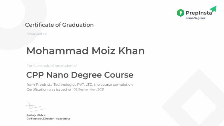 Mohammad Moiz Khan - CPP Nano Degree Course | PDF