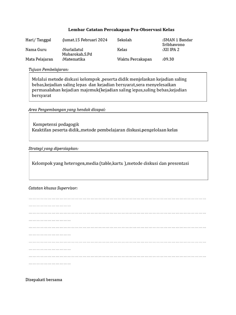 Lembar Catatan Percakapan Pra-Observasi Kelas | PDF