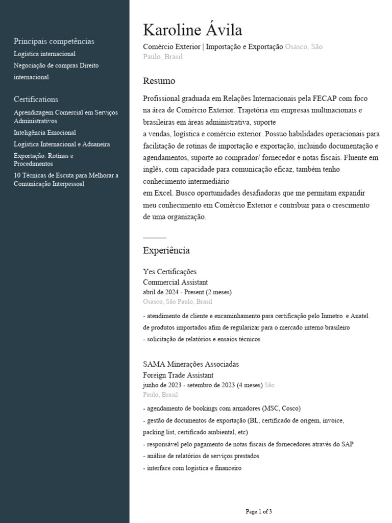 Profile Linkedin Karoline | PDF | Logística | Brasil