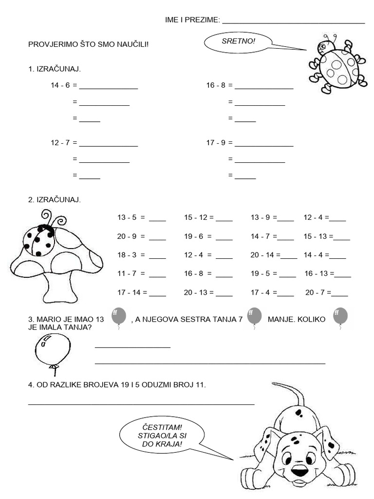 Oduzimanje Do 20 Ispit 1 R Ancca | PDF