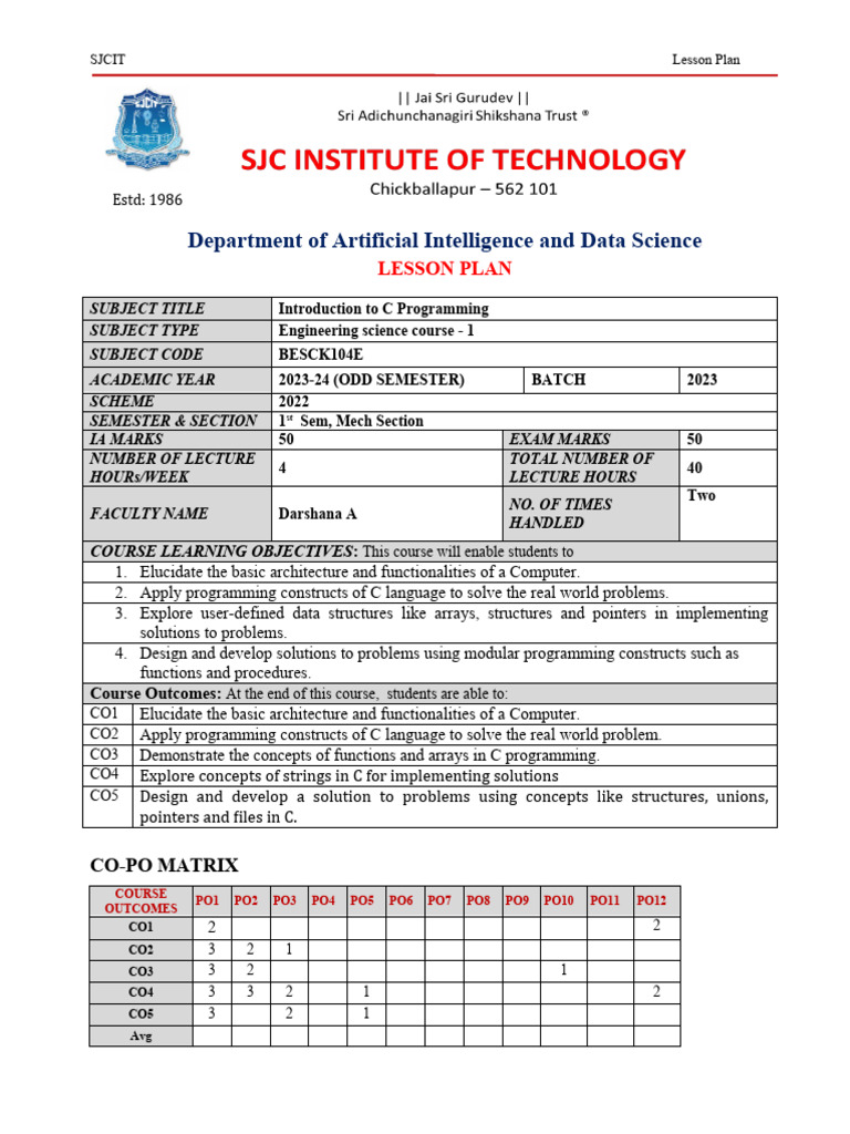 Lesson Plan - Introduction To C Programing | PDF | Computer Programming | Engineering