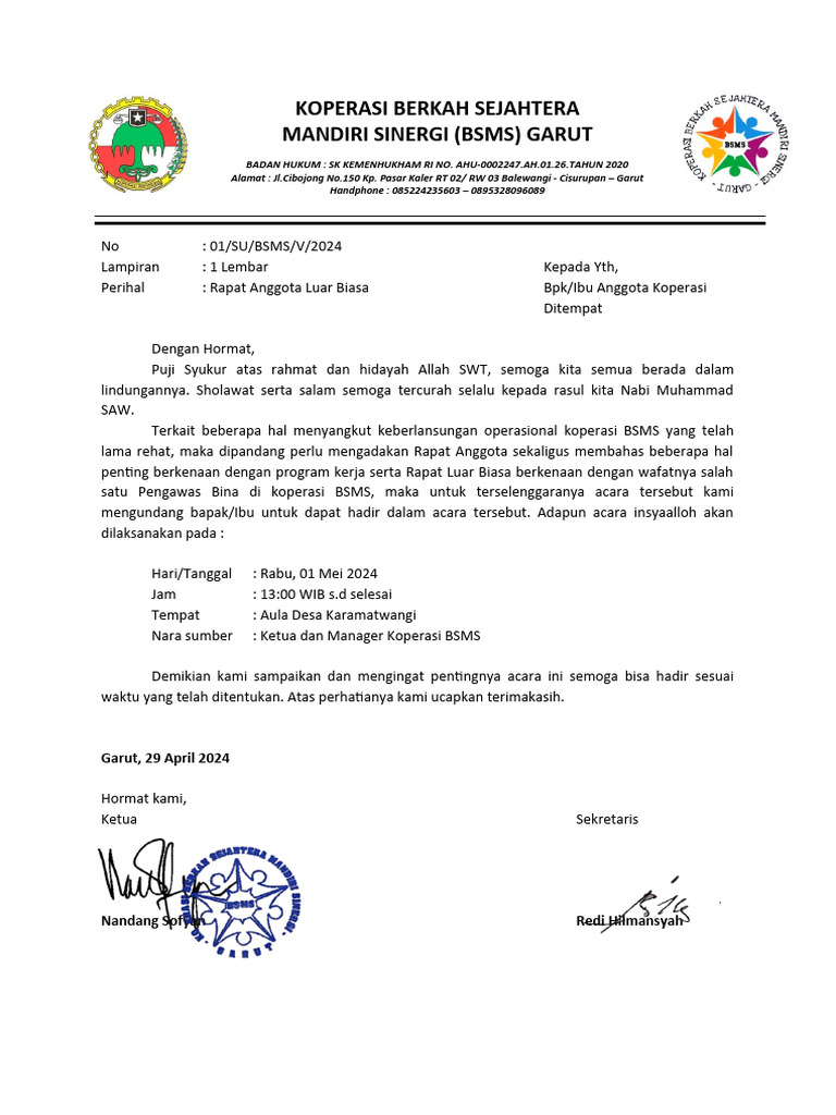 Surat Undangan Ralb (Rapat Anggota Luar Biasa) | PDF