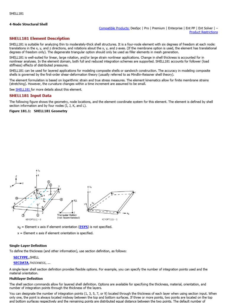 SHELL181 Description | PDF | Elasticity (Physics) | Stress (Mechanics)