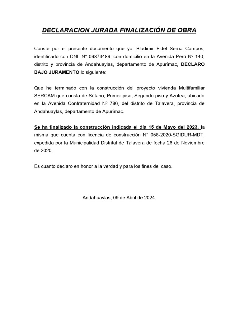 Declaracion Jurada Finalización de Obra Sercam | PDF | Finanzas y dinero
