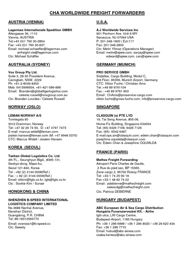 Cha Worldwide Freight Forwarders: Austria (Vienna) U.S.A | PDF ...
