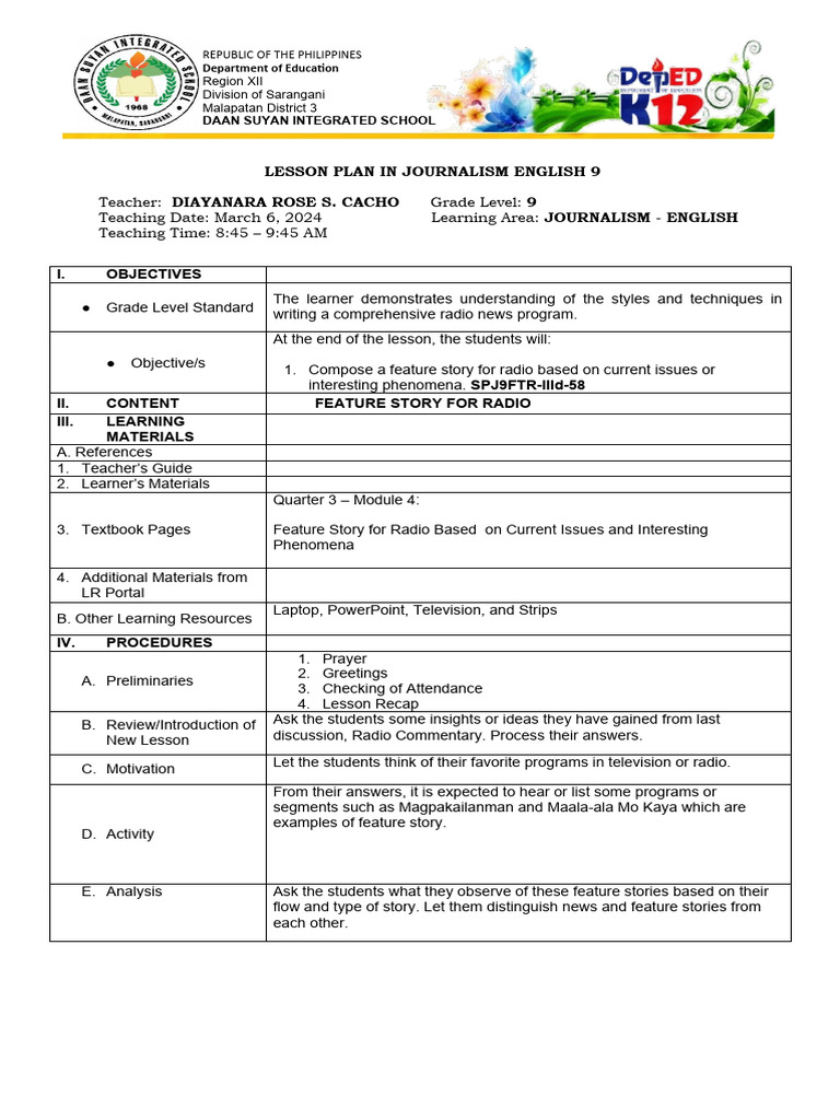 Lesson Plan in Journalism English 9 - March 6 | Download Free PDF ...