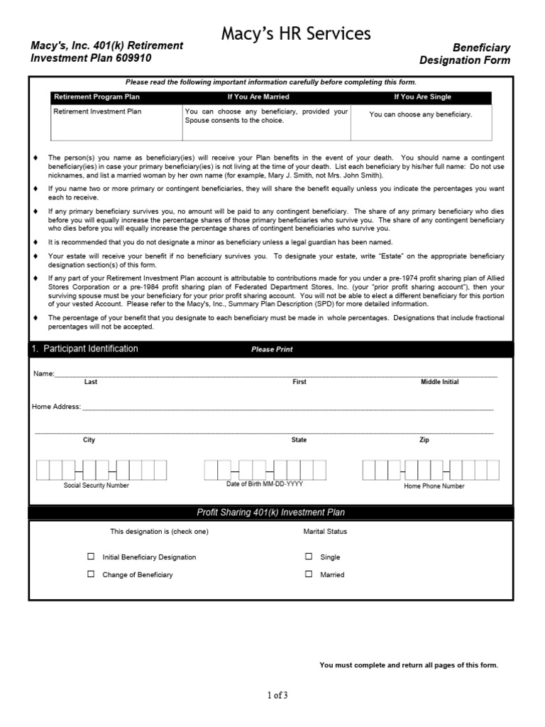 401k Beneficiary Designation Form | PDF | Social Security (United ...