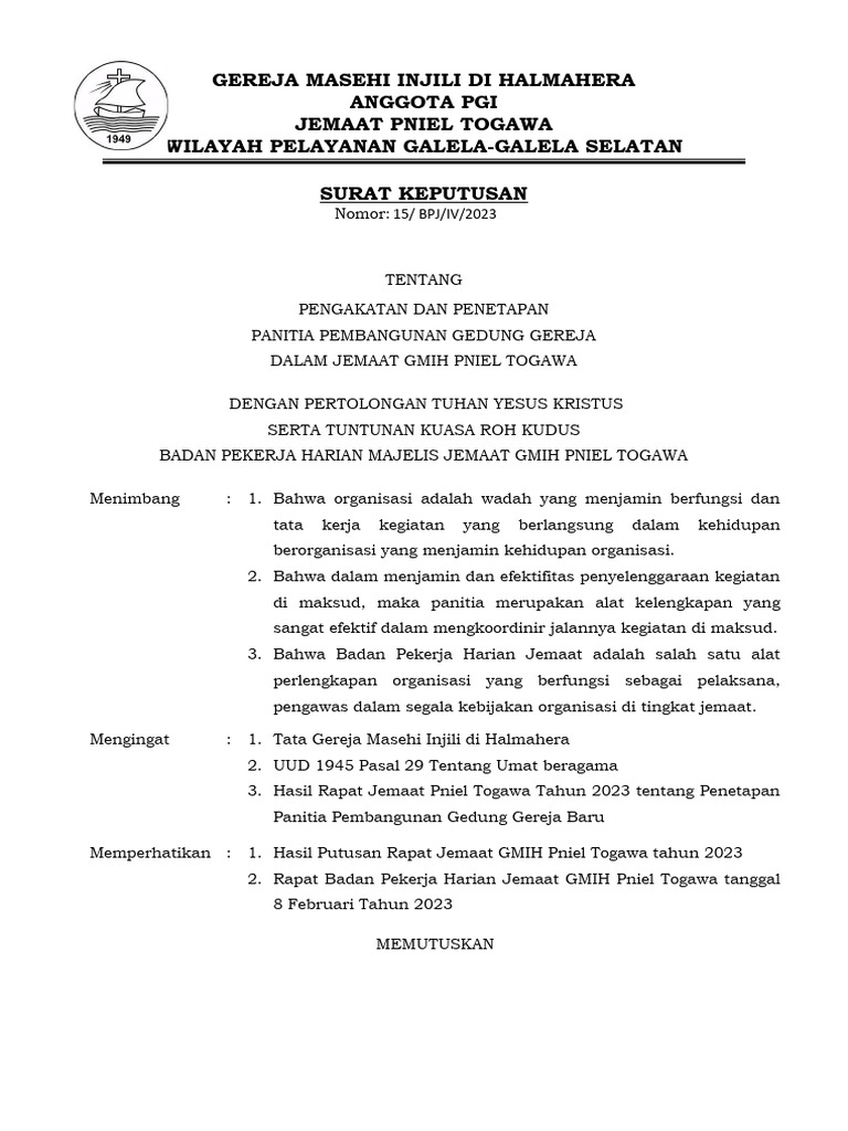 SK Panitia Pembangunan Gereja GMIH | PDF