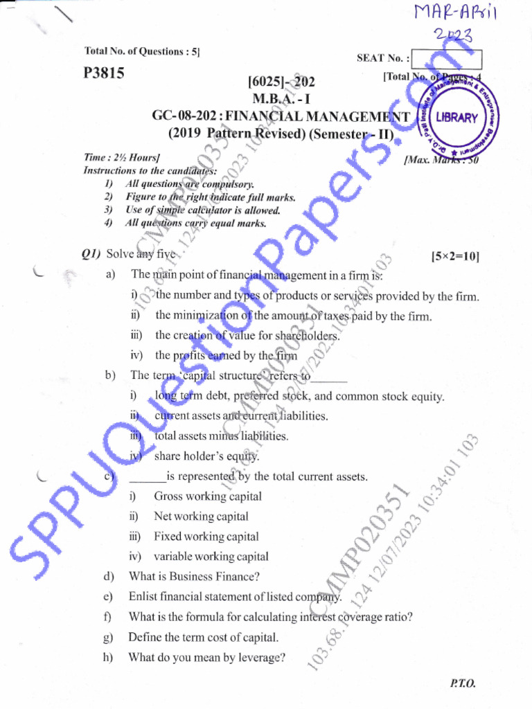 Postgraduate PG Mba Semester 2 2023 May Financial Management Pattern 2019 | PDF | Book Value ...
