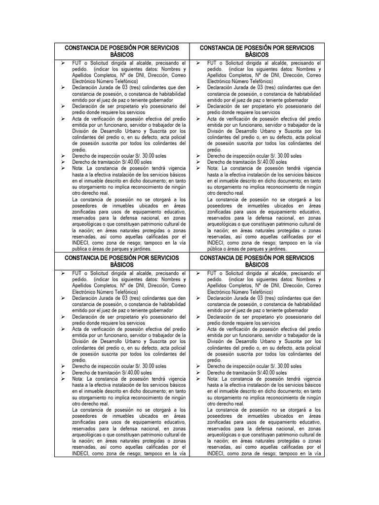 Requisitos para Constancia de Posesión Por Servicios Básicos | PDF | Documento de identidad ...