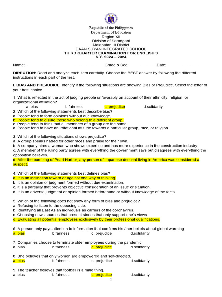 English 9 Q3 Exam | Download Free PDF | Bias | Prejudices