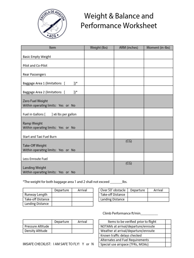 Weight & Balance Performance Worksheet | PDF