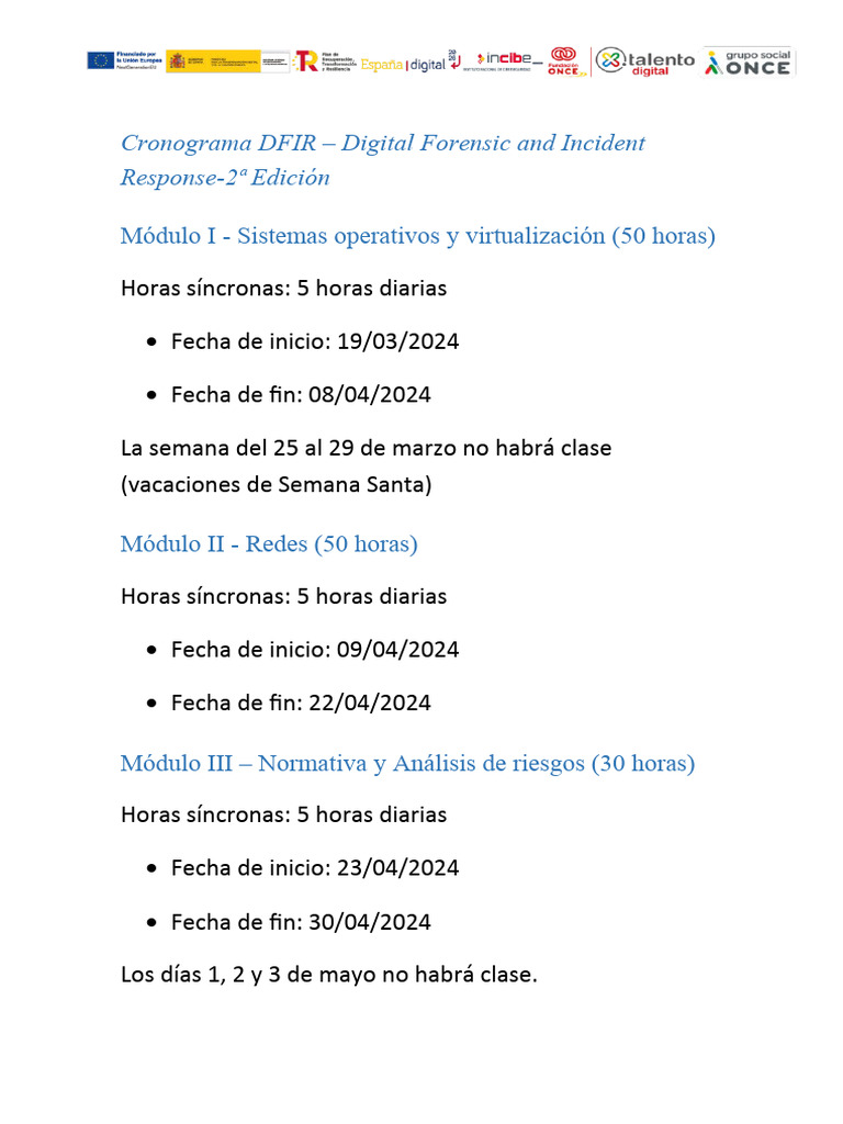 Cronograma Curso DFIR-2a Ed-15-00 | PDF