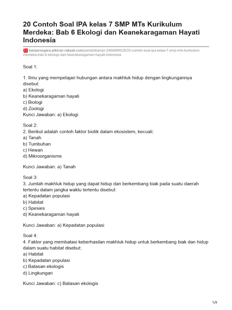 20 Contoh Soal IPA Kelas 7 SMP MTs | PDF