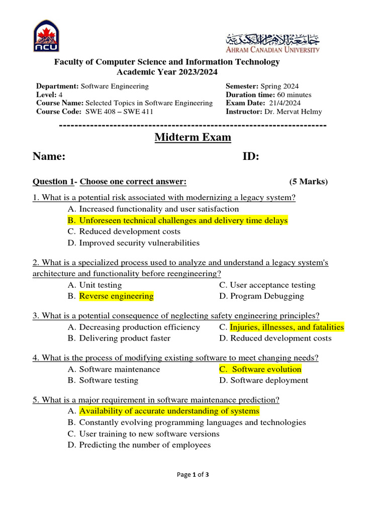 Midterm - SW 408 - SWE 411 Selected Topics Model 2 Answer | PDF | Reliability Engineering | System