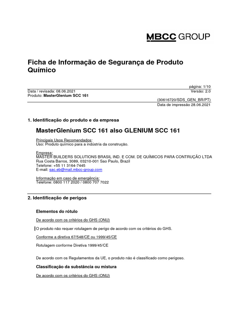 Ficha de Segurança MasterGlenium SCC 161 | PDF | Transporte | Solvente