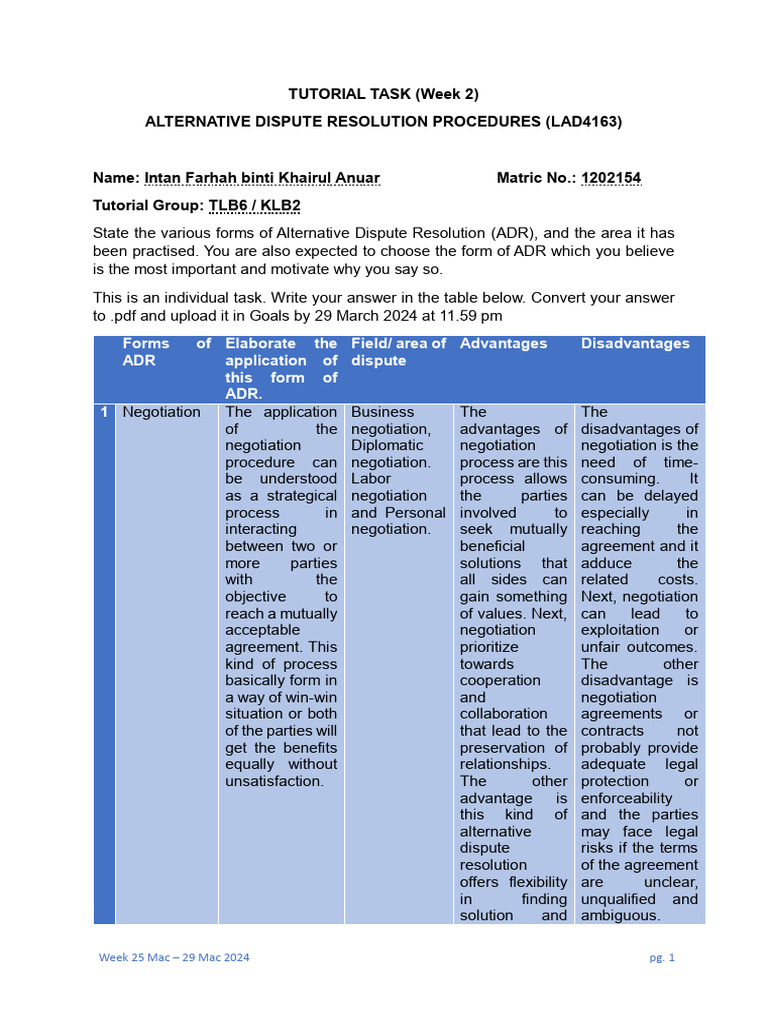 Tutorial Adr Task 1 Week 2 | PDF | Mediation | Negotiation