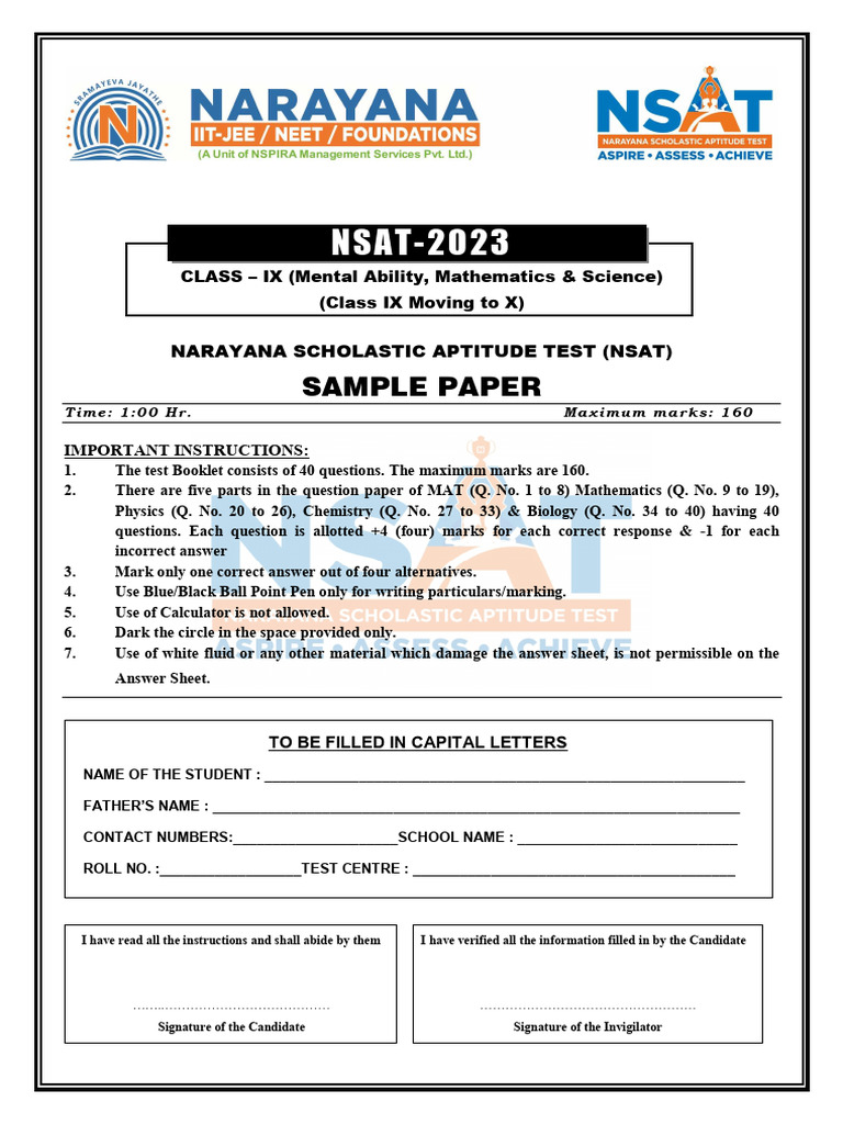 Class IX TO X NSAT QP | PDF | Lysosome | Force
