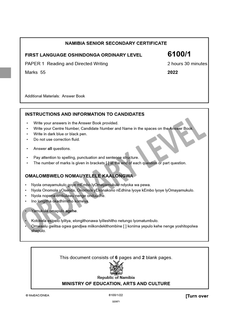 Oshindonga Paper 1 Exam Guidelines | PDF