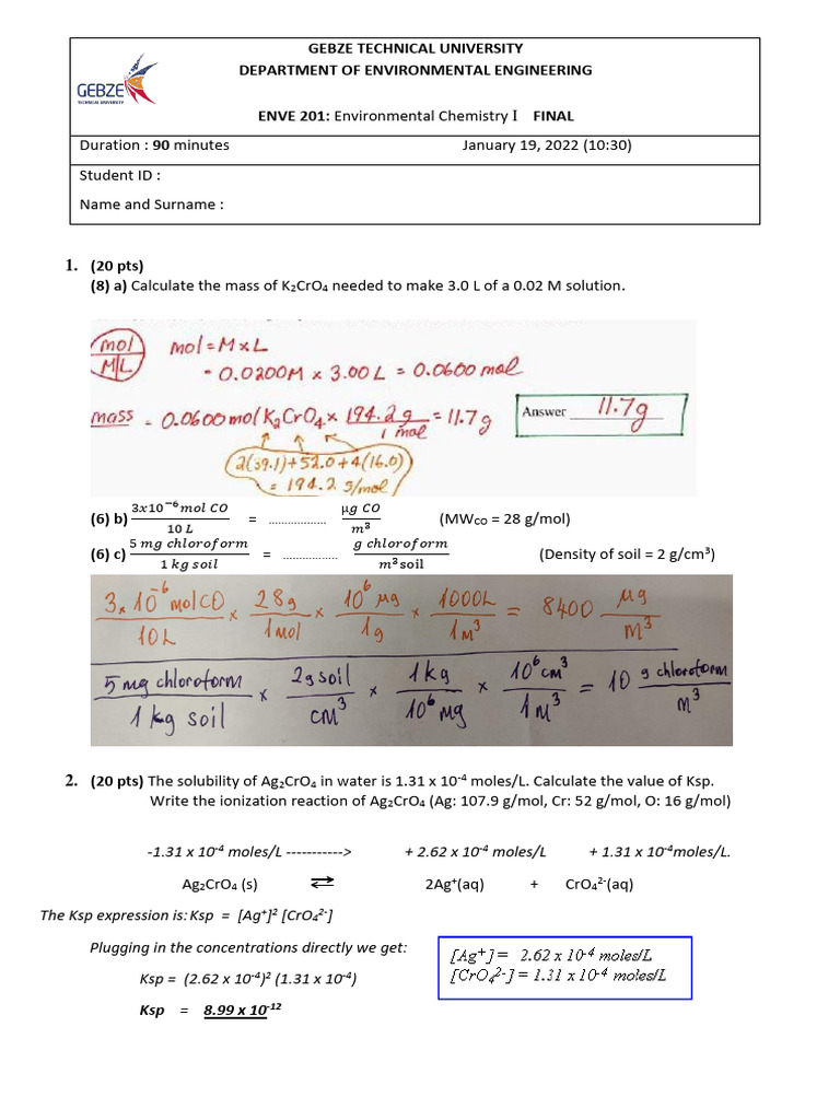 ENVE 201 Final 2021 Fall-1 Solutions | PDF | Mole (Unit) | Concentration