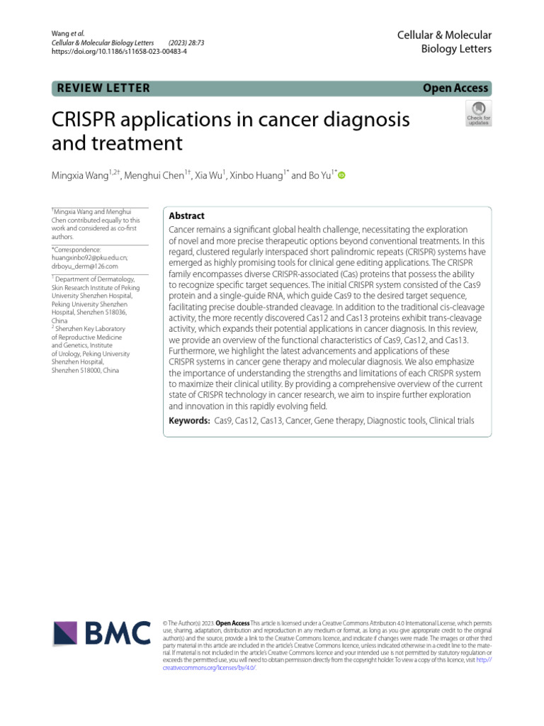 CRISPR Applications in Cancer Diagnosis and Treatment | PDF | Crispr | Dna
