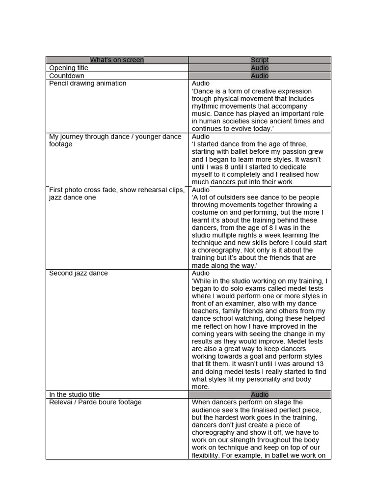 Script | Download Free PDF | Dances | Choreography