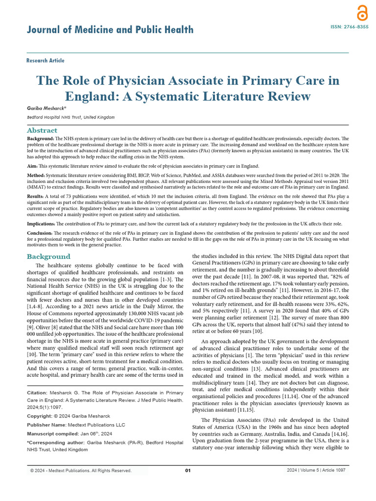The Role of Physician Associate in Primary Care in England 1556 | PDF ...