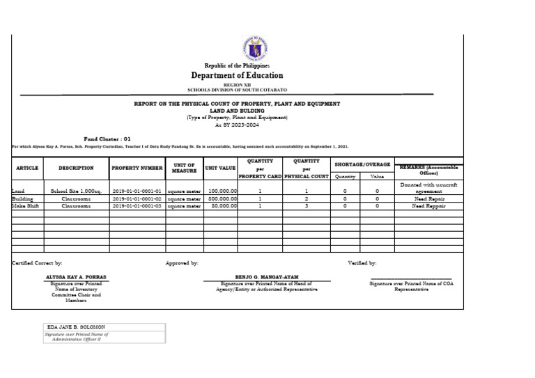 Physical Count of School Assets 2023 | PDF