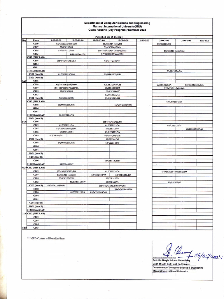 Class Routine Summer 2024 Day Pdf