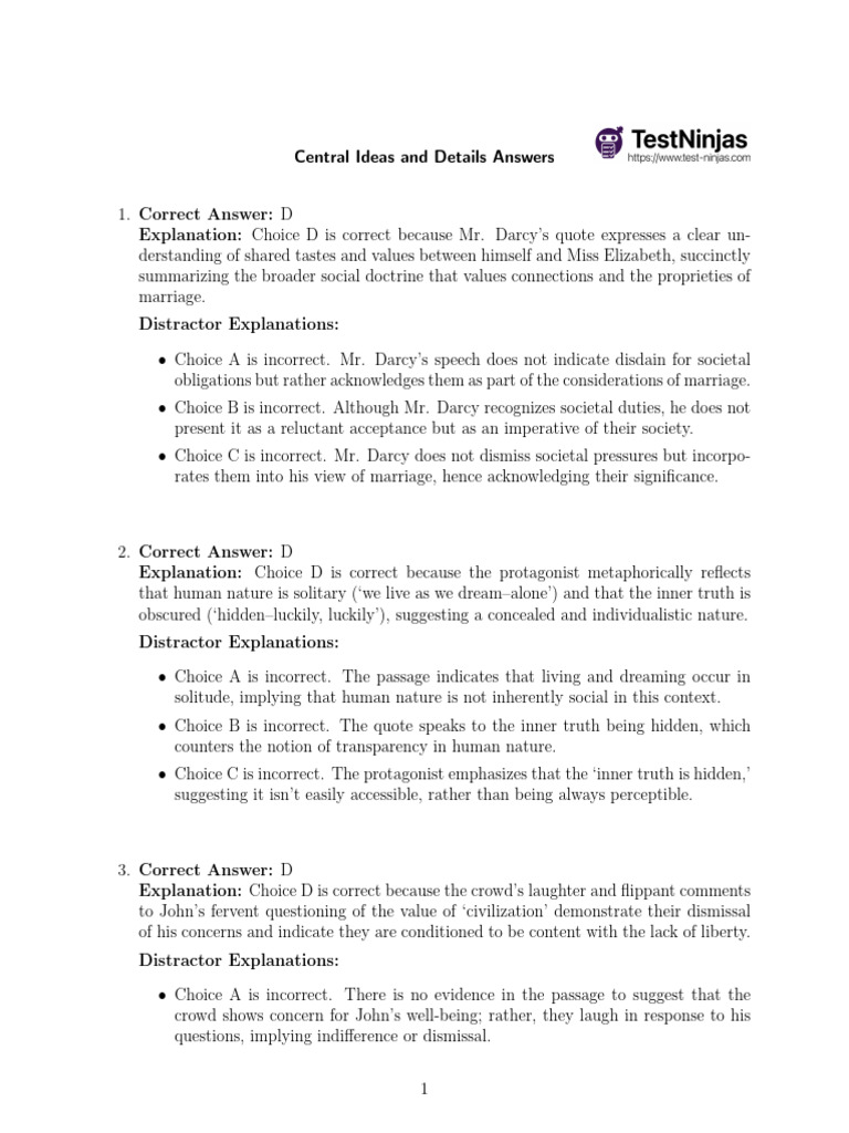 Central Ideas and Details Answer Key | PDF | Thought | Truth