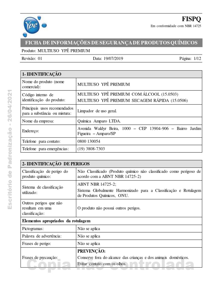 FISPQ - Multiuso Ypê Premium Com Álcool - Secagem Rápida | PDF | Solubilidade | Embalagem e ...