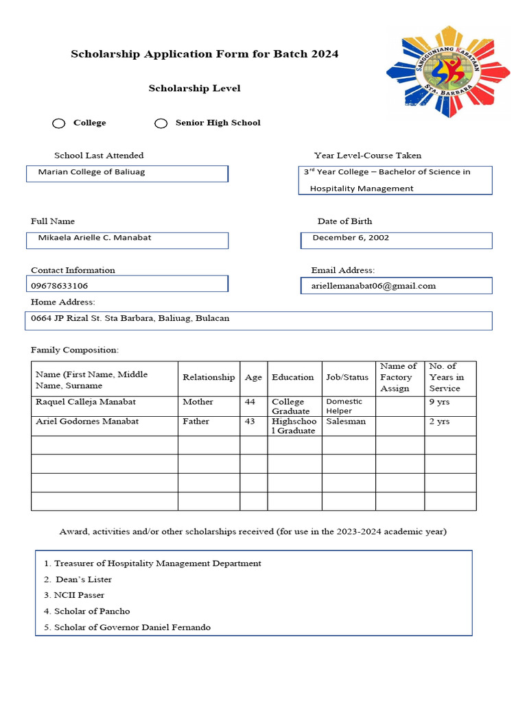 Scholarship-Application-Form-Mikaela Manabat-2024 | PDF