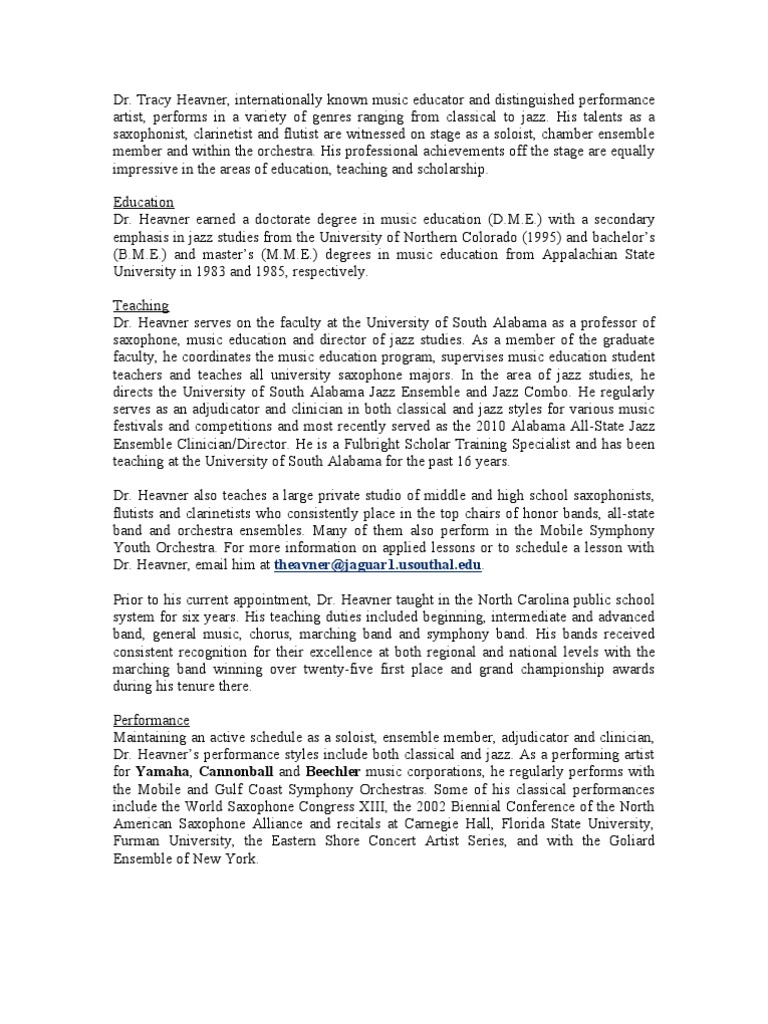 Tracy Heavner Bio | PDF | Music Education | Orchestras