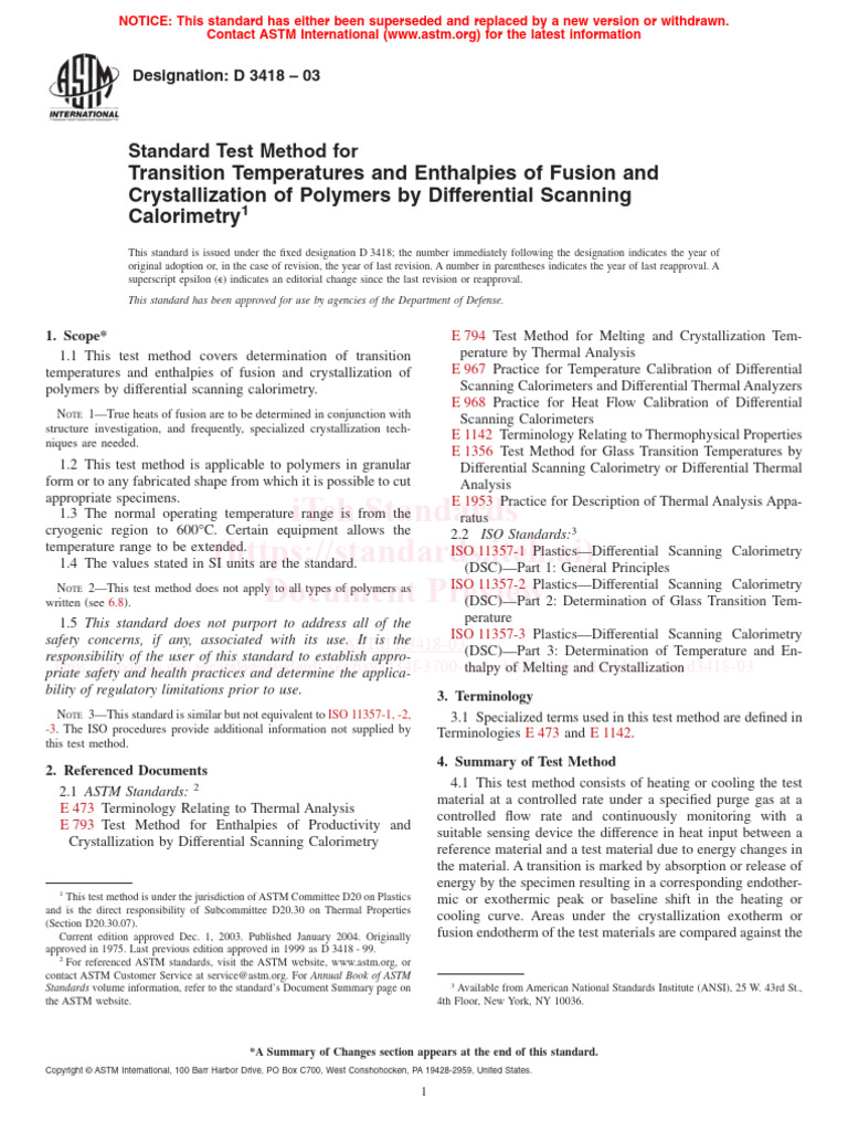 Astm D3418 03 | PDF | Differential Scanning Calorimetry | Thermal Analysis