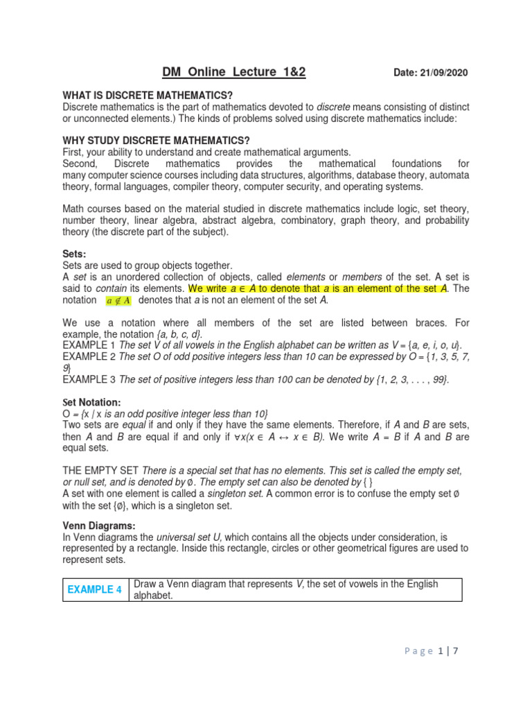 DM Online Lecture 1&2 | Download Free PDF | Set (Mathematics) | Discrete Mathematics