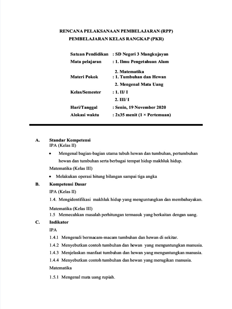 PDF RPP Pembelajaran Kelas Rangkap 22 Compress | PDF