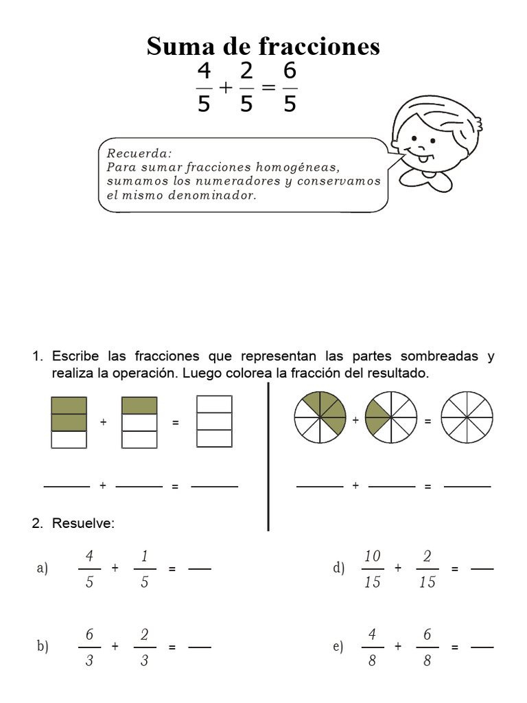 Ficha Suma y Resta de Fracciones Homogeneas para Tercero de Primaria ...