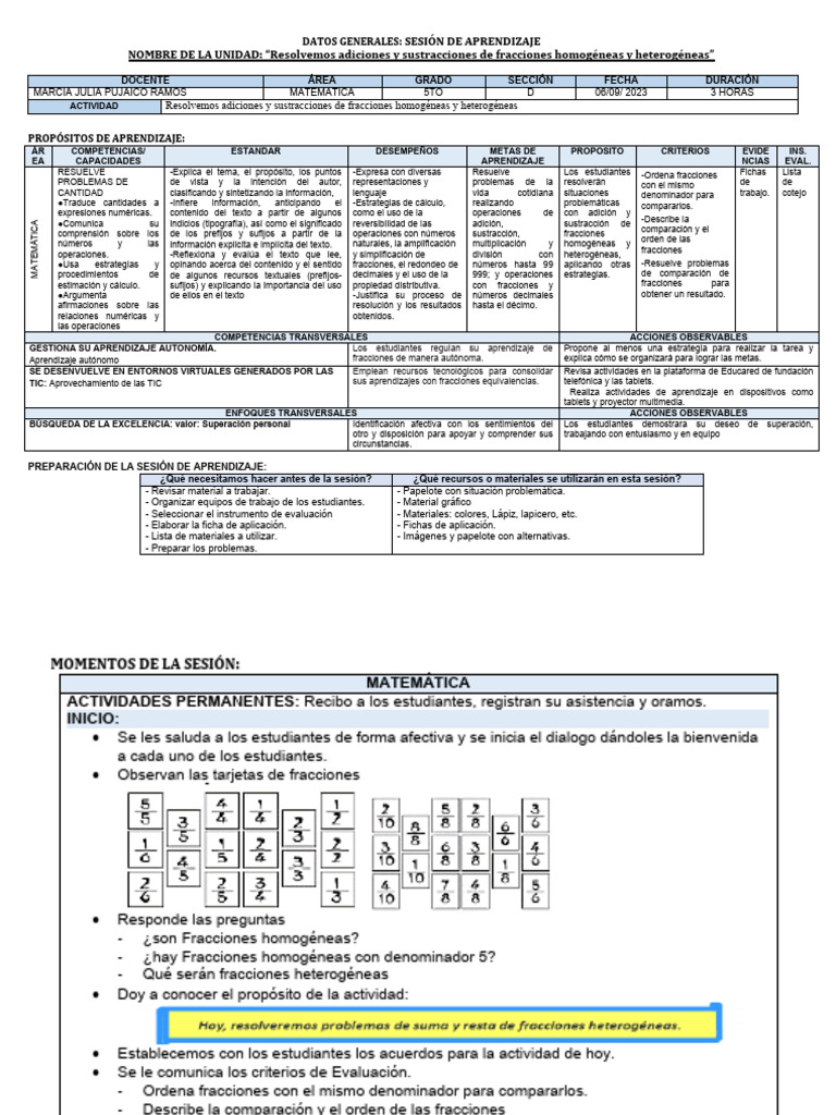 SESION MATEMATICA Suma y Resta de Fracciones Heterogeneas | Descargar gratis PDF | Aprendizaje ...