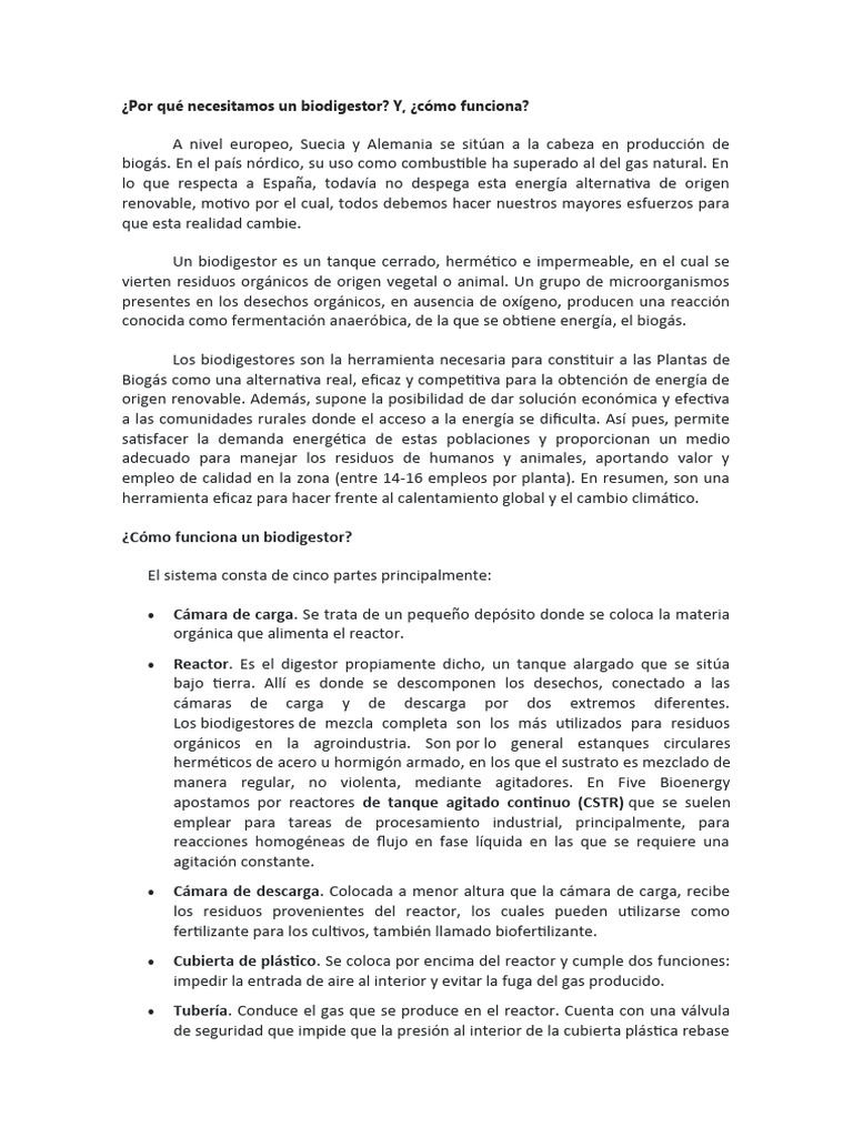 Como Funciona Un Biodigestor Five Bioenergy | PDF | Biogás | Residuos